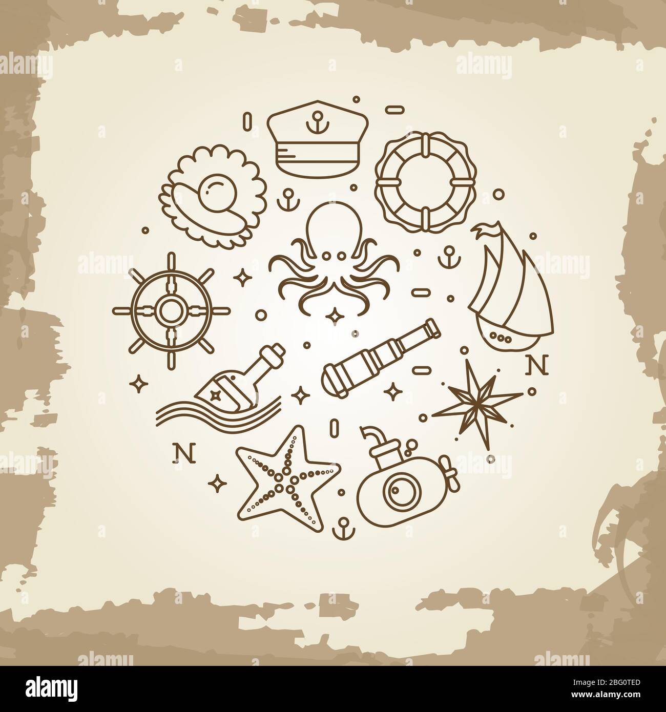 Marine, sea, nautical, maritime thin line icons concept on vintage ...