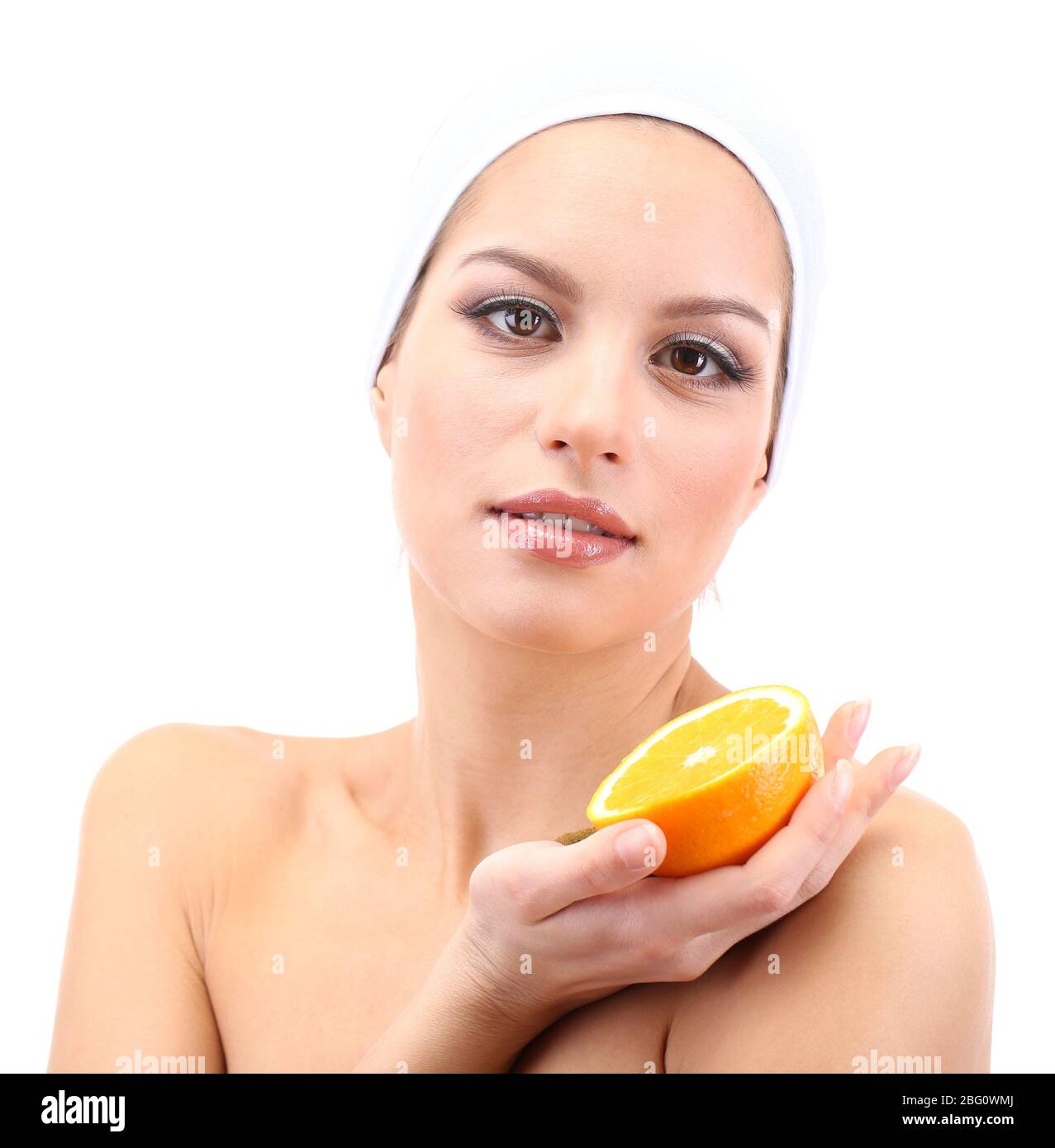 Young woman with fruit.Concept: Facial fruit masks. Isolated on white ...