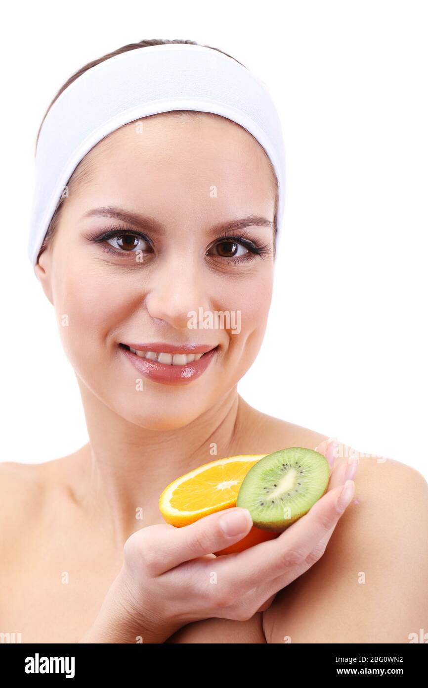 Young woman with fruit.Concept: Facial fruit masks. Isolated on white ...