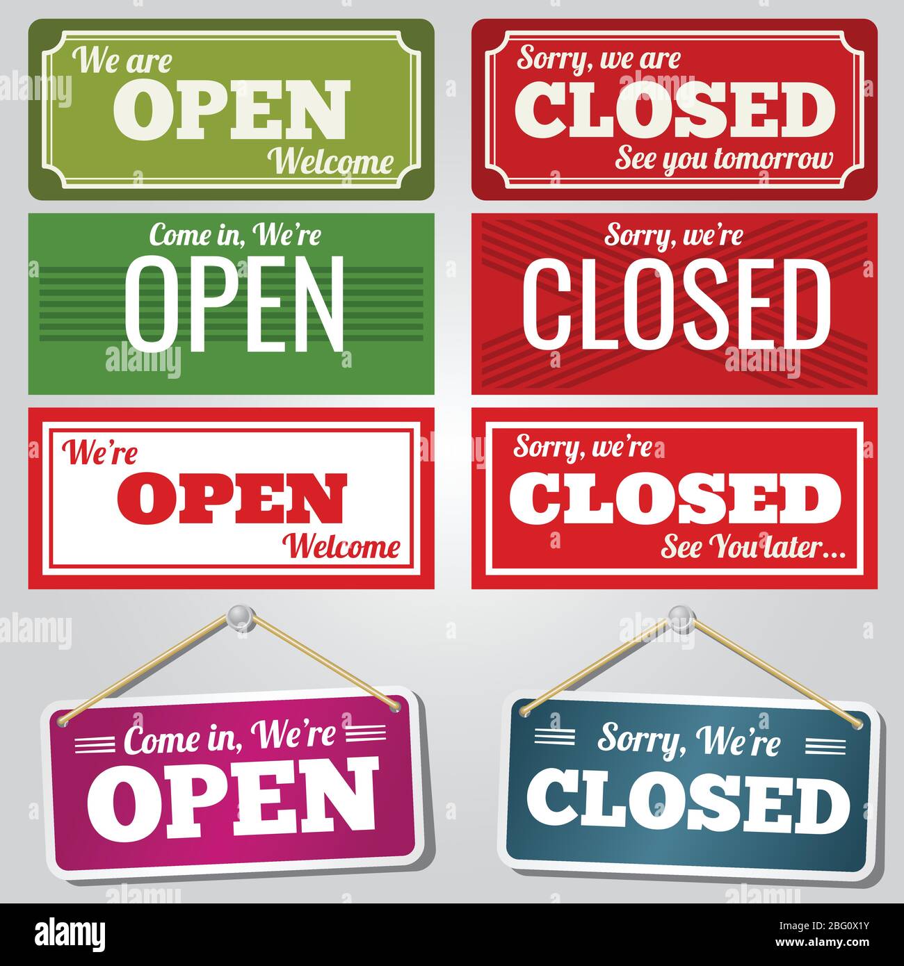 Open and closed vector store signs red and green. Shop banner door open ...