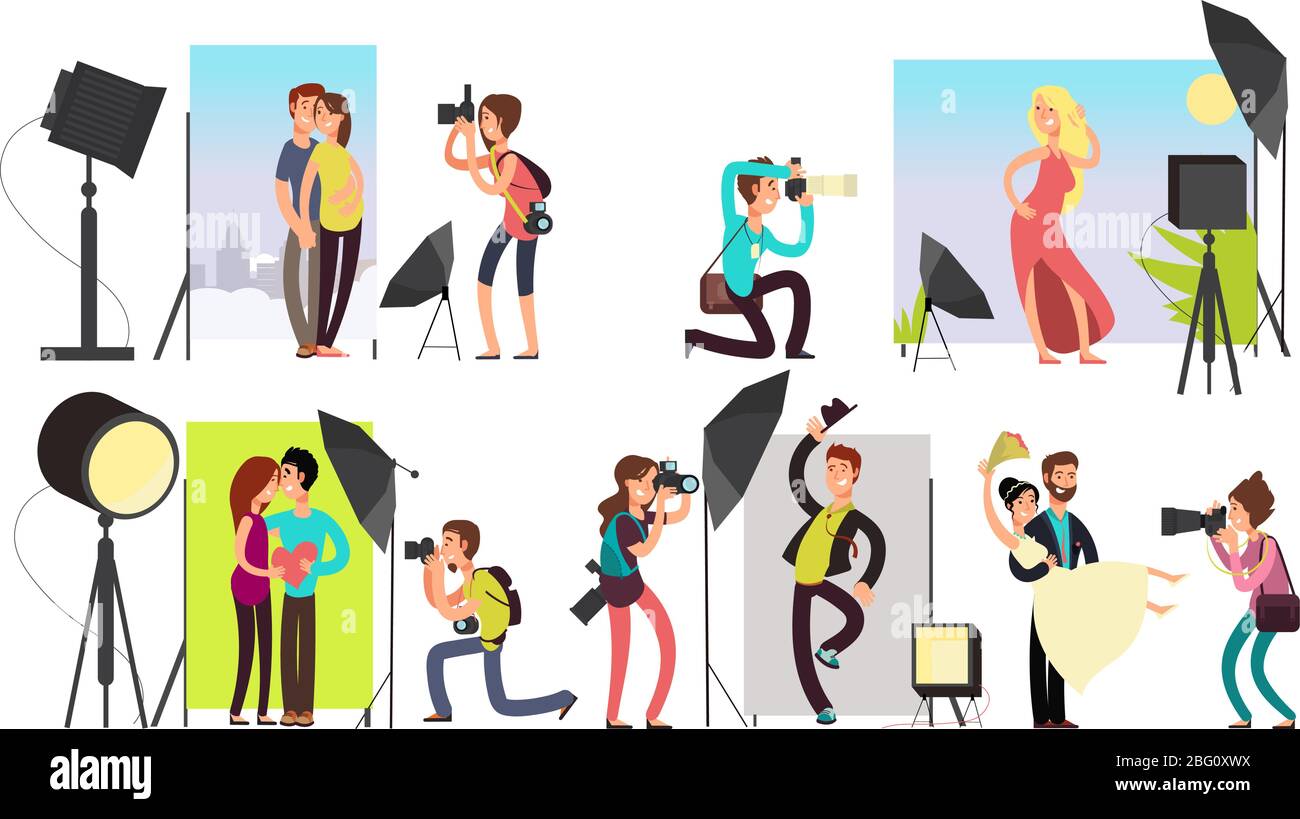 Photographers taking photo portraits of different people in studio ...