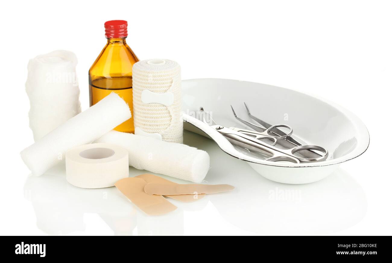 First aid kit for bandaging isolated on white Stock Photo - Alamy