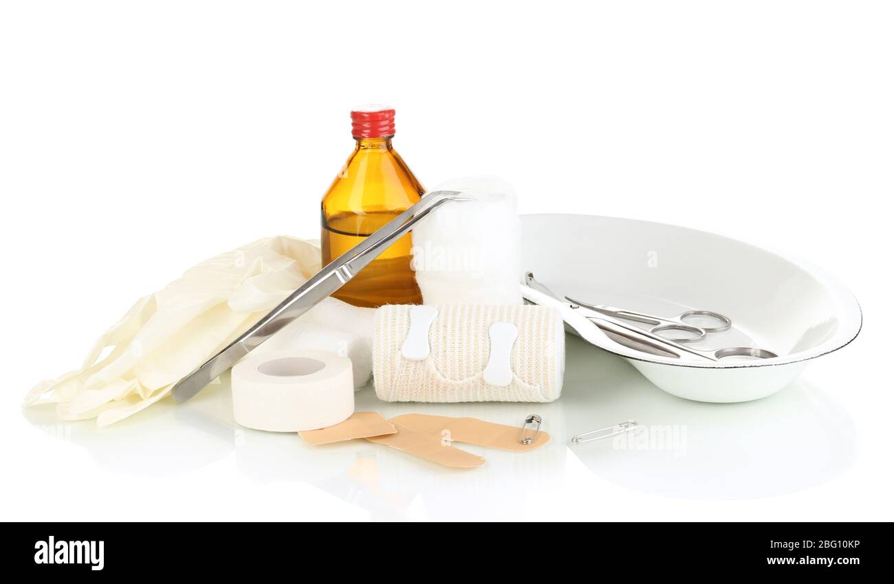 First aid kit for bandaging isolated on white Stock Photo - Alamy
