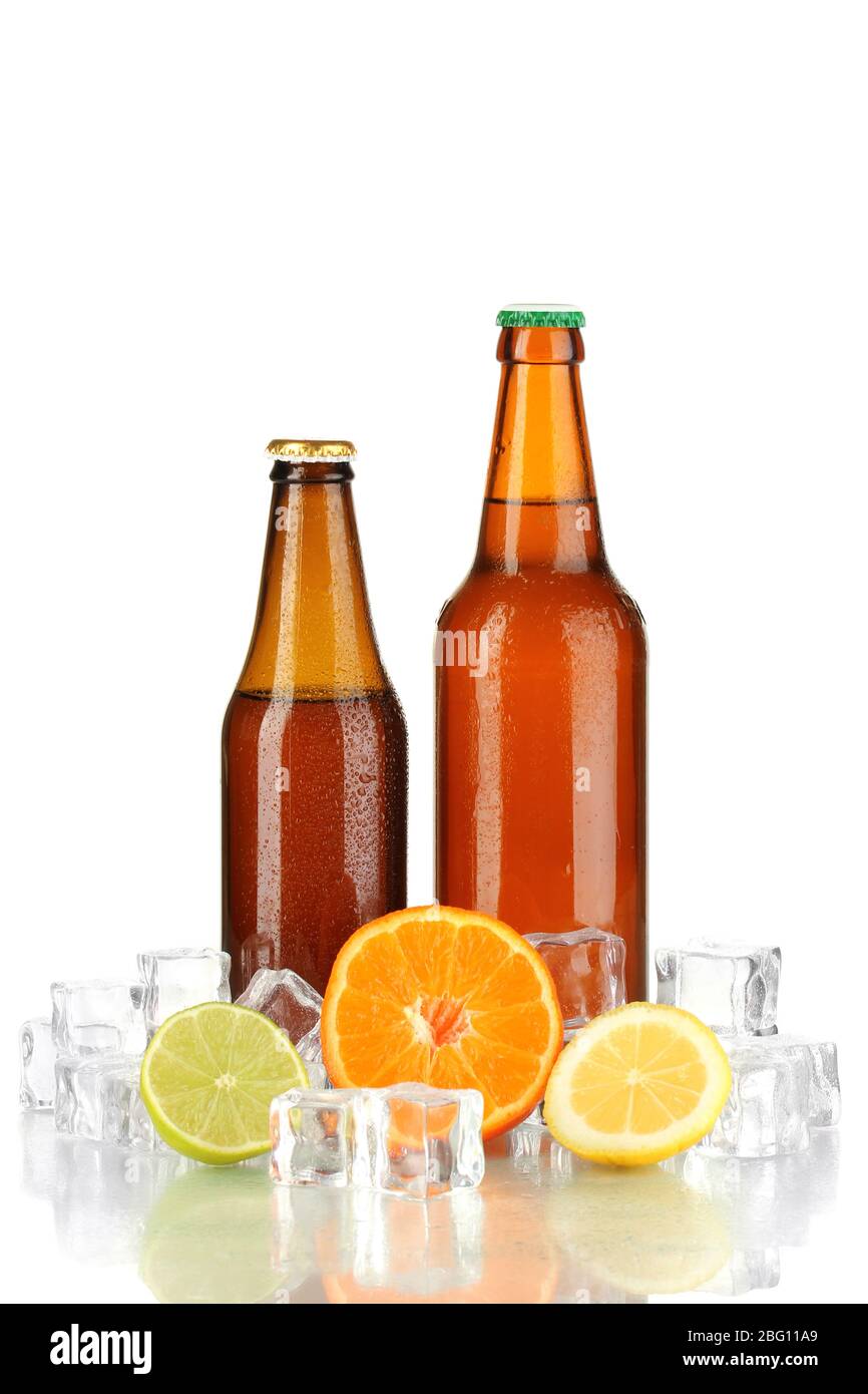 Beer bottles in ice isolated on white Stock Photo - Alamy
