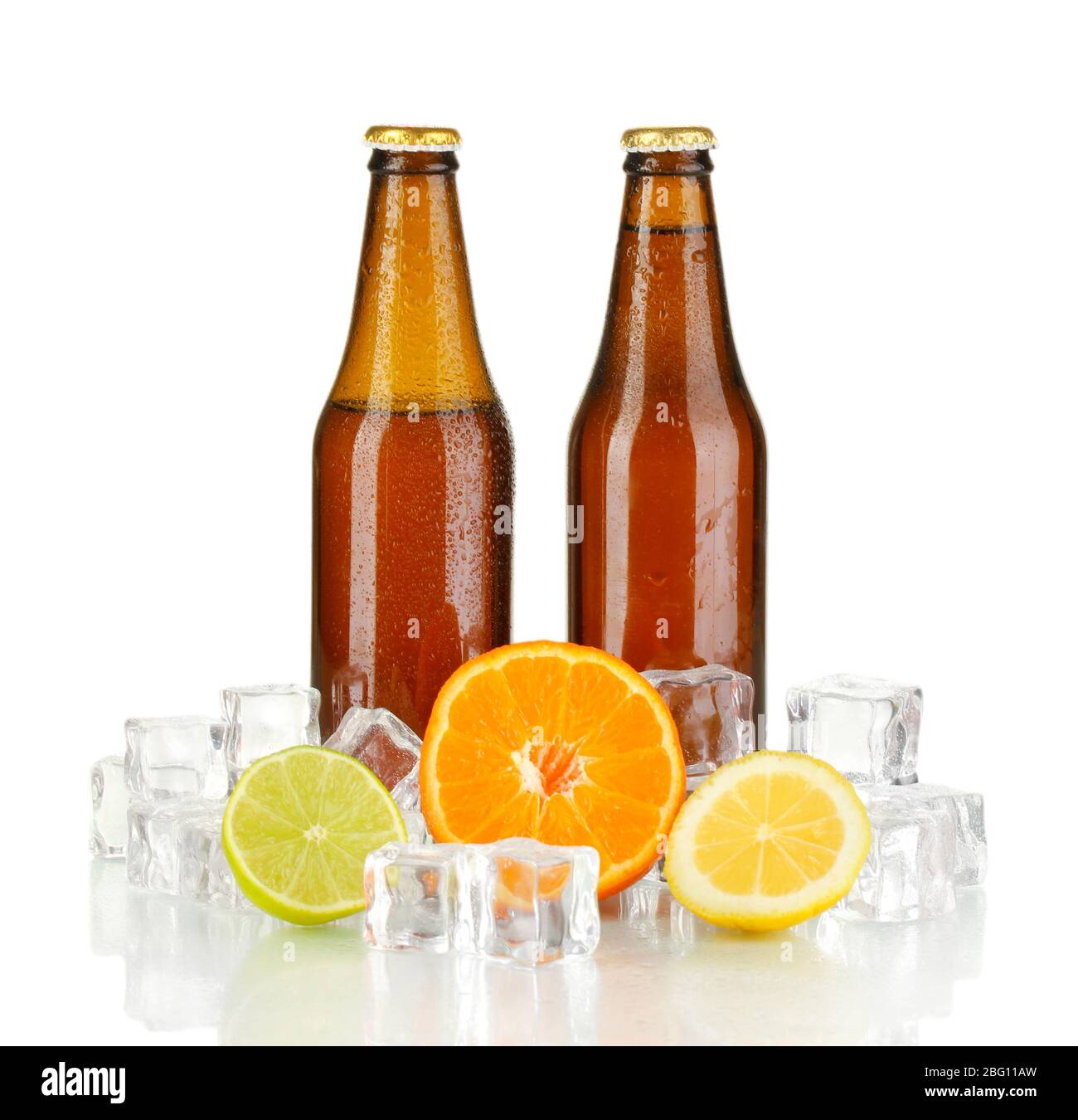 Beer bottles in ice isolated on white Stock Photo - Alamy