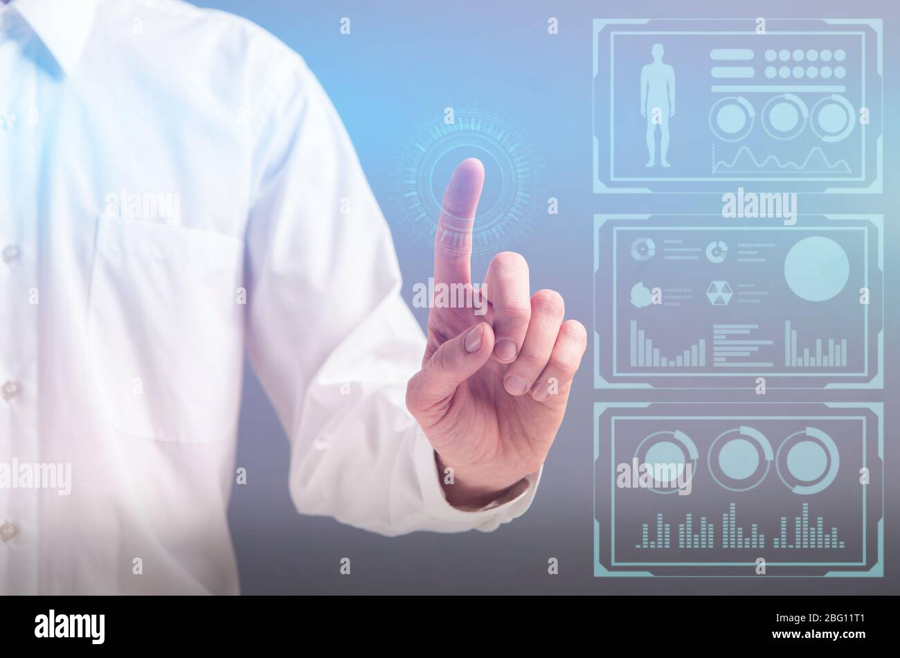 Business man pressing buttons on infographic panel Stock Photo - Alamy