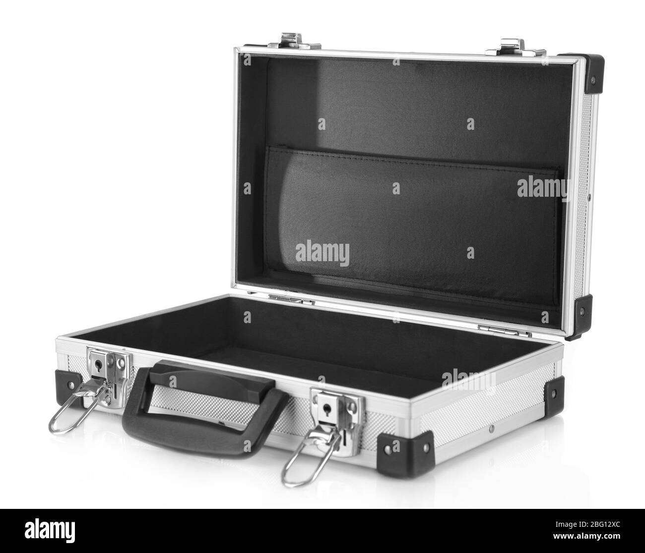 Open silver case isolated on white Stock Photo - Alamy