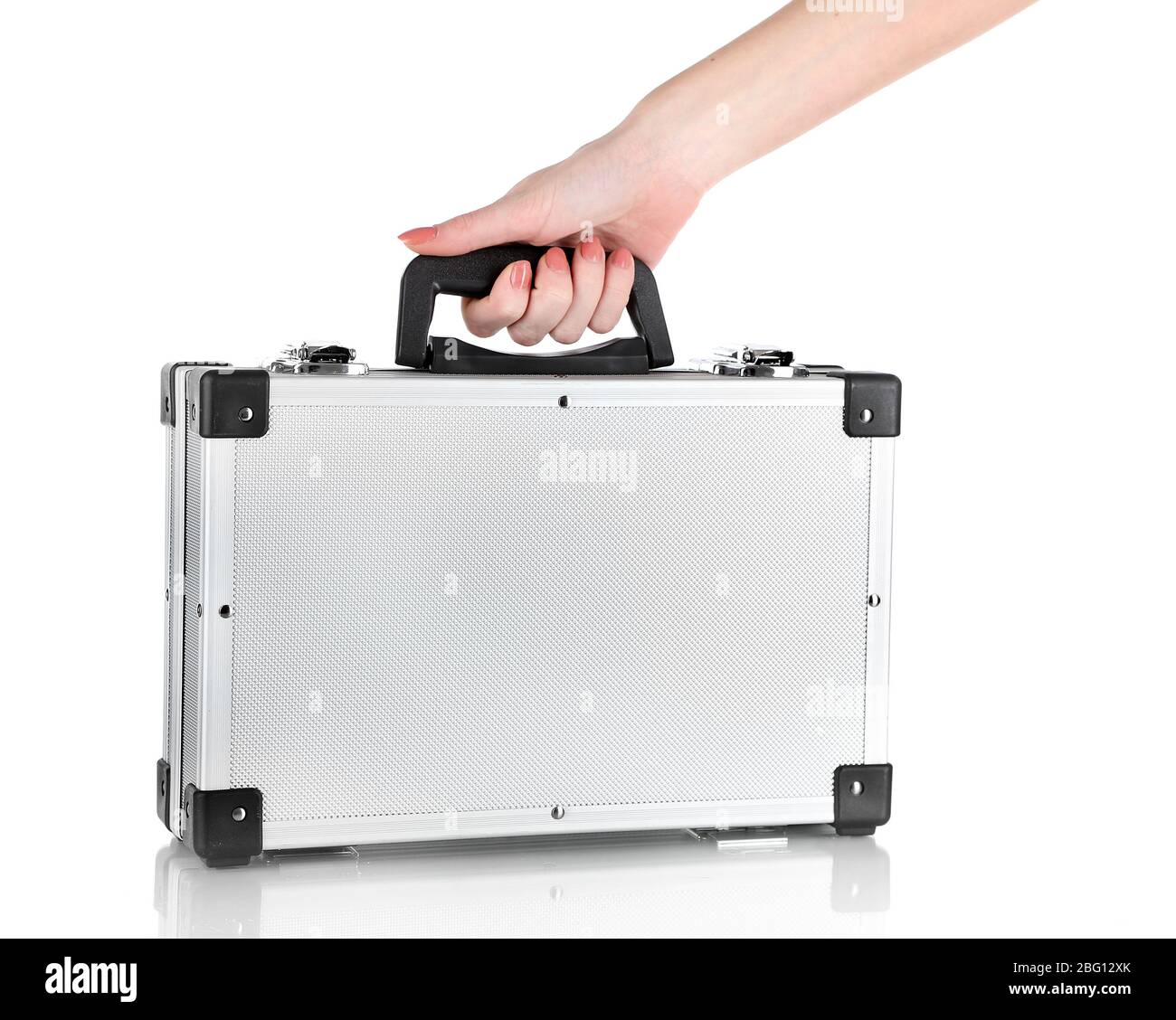 Hand holding silver case isolated on white Stock Photo - Alamy