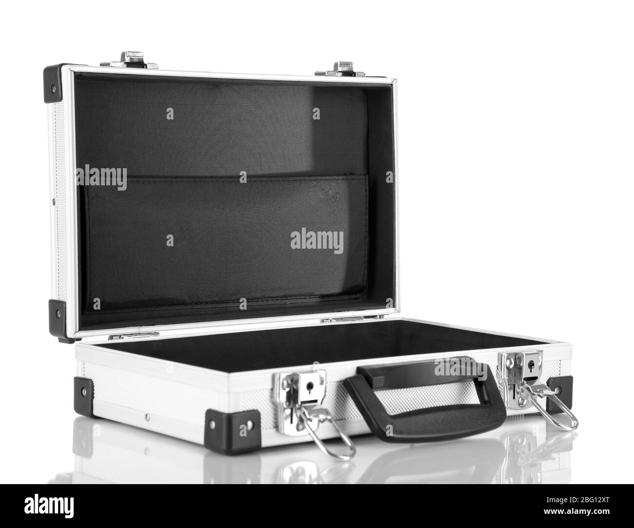 Open silver case isolated on white Stock Photo - Alamy
