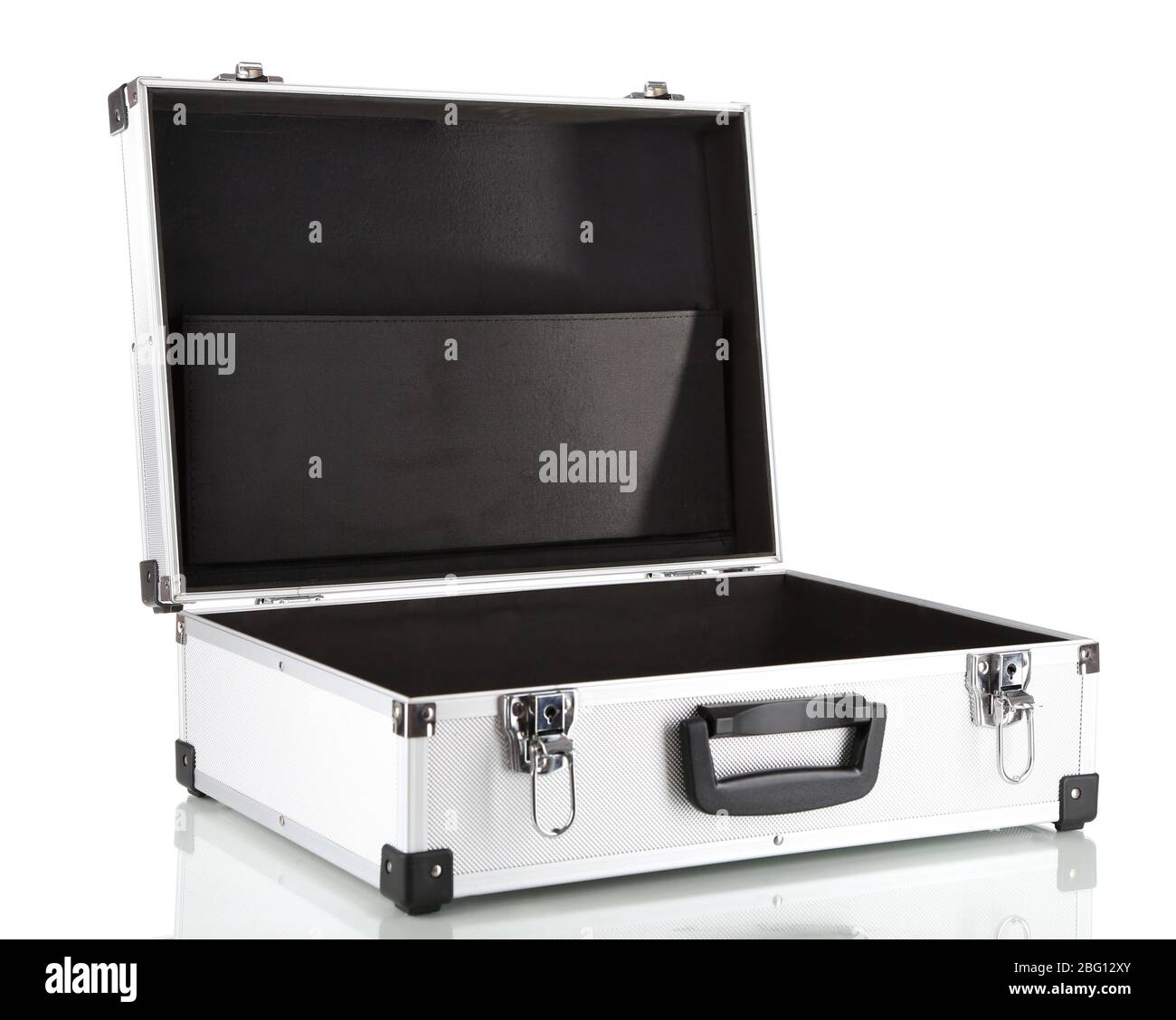 Open silver case isolated on white Stock Photo - Alamy