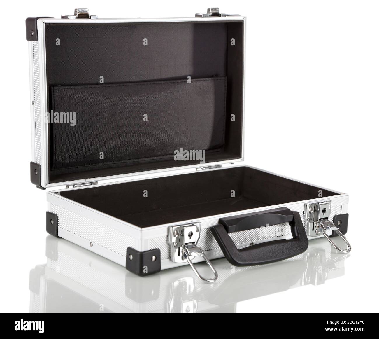 Open silver case isolated on white Stock Photo - Alamy