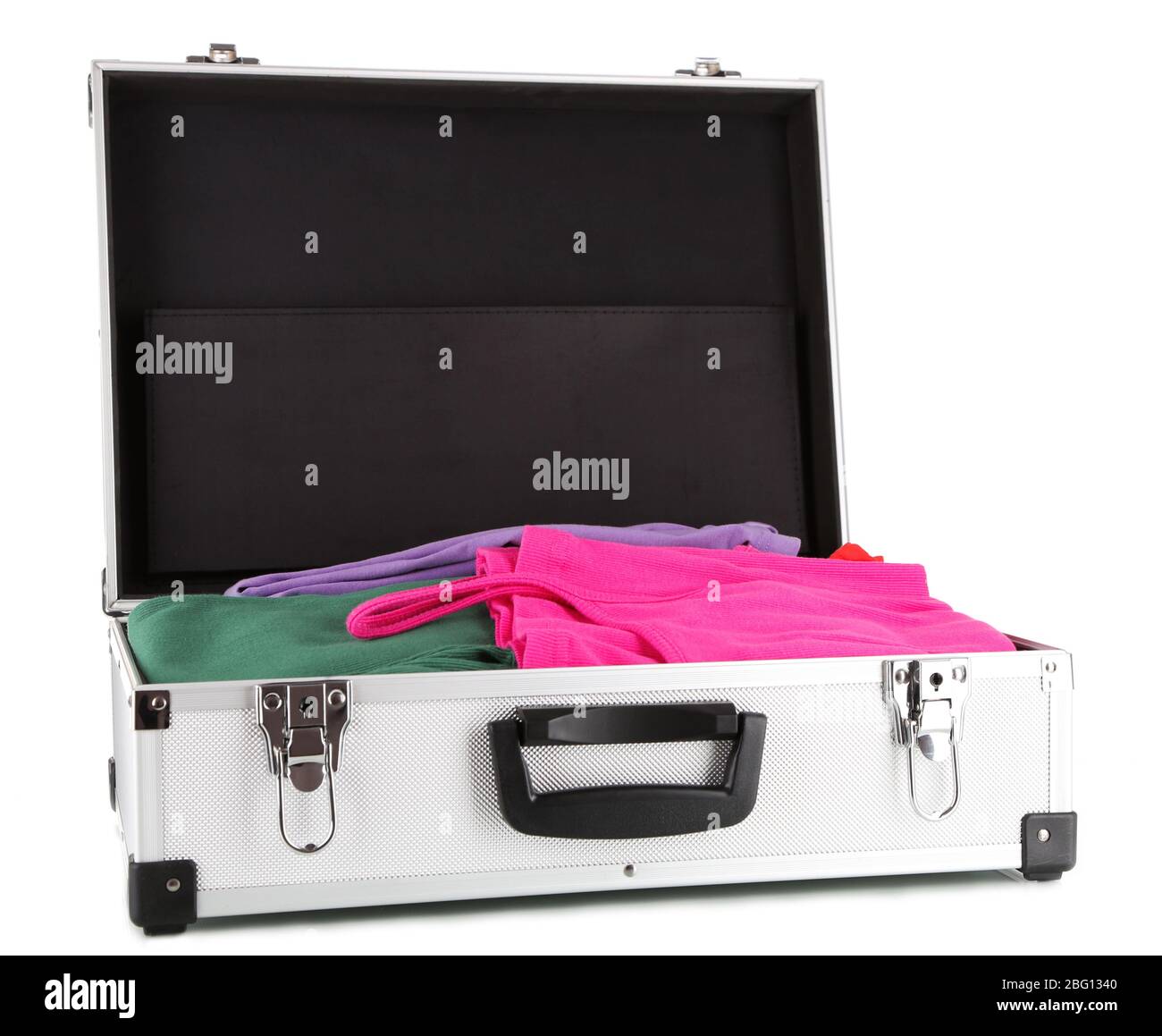 Open silver suitcase with clothing isolated on white Stock Photo - Alamy