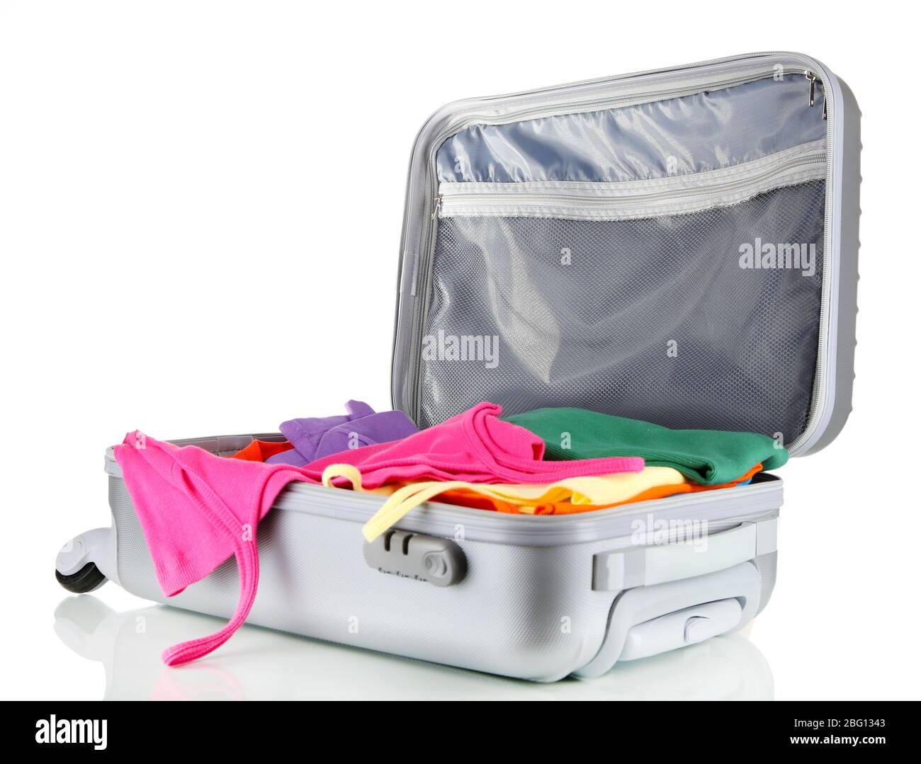 Open silver suitcase with clothing isolated on white Stock Photo - Alamy