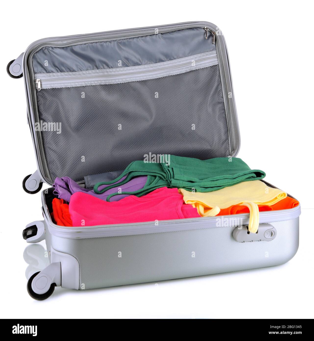 Open silver suitcase with clothing isolated on white Stock Photo - Alamy