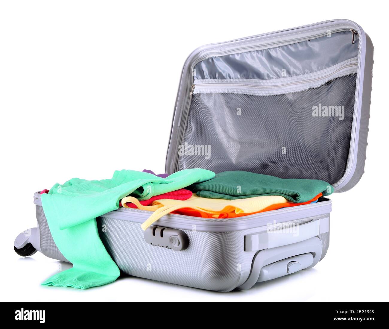 Open silver suitcase with clothing isolated on white Stock Photo - Alamy