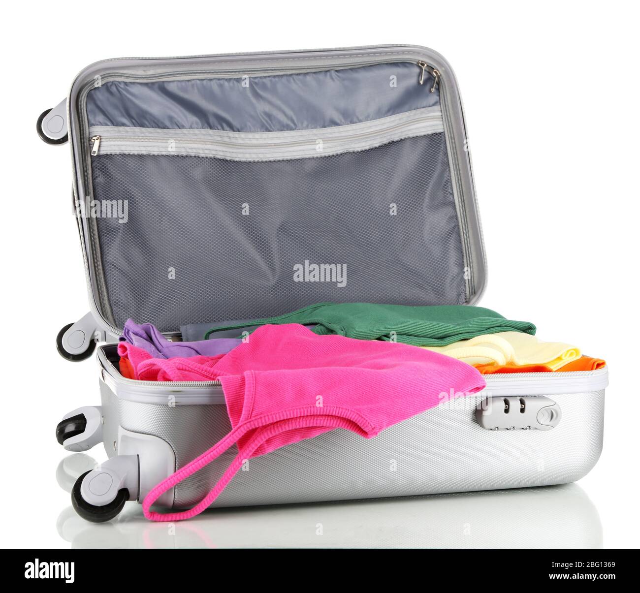 Open silver suitcase with clothing isolated on white Stock Photo - Alamy