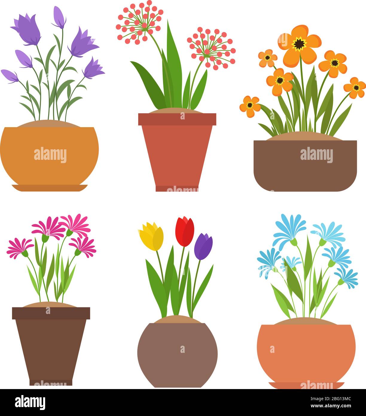 Garden spring flowers in flower pots vector set. Plant and flower ...