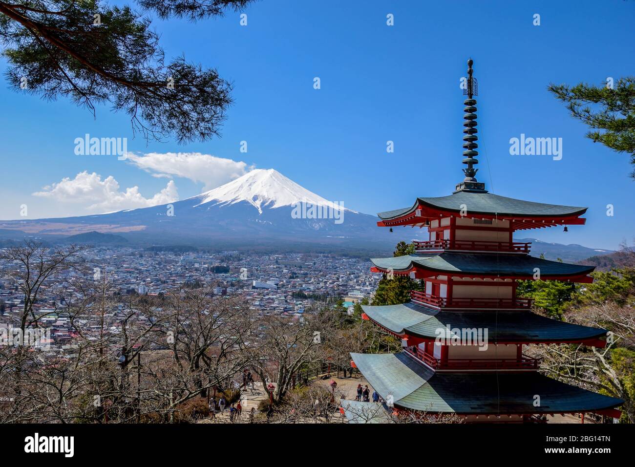 Stunning view on the snowy mount Fuji with pagoda, Japan Stock Photo ...