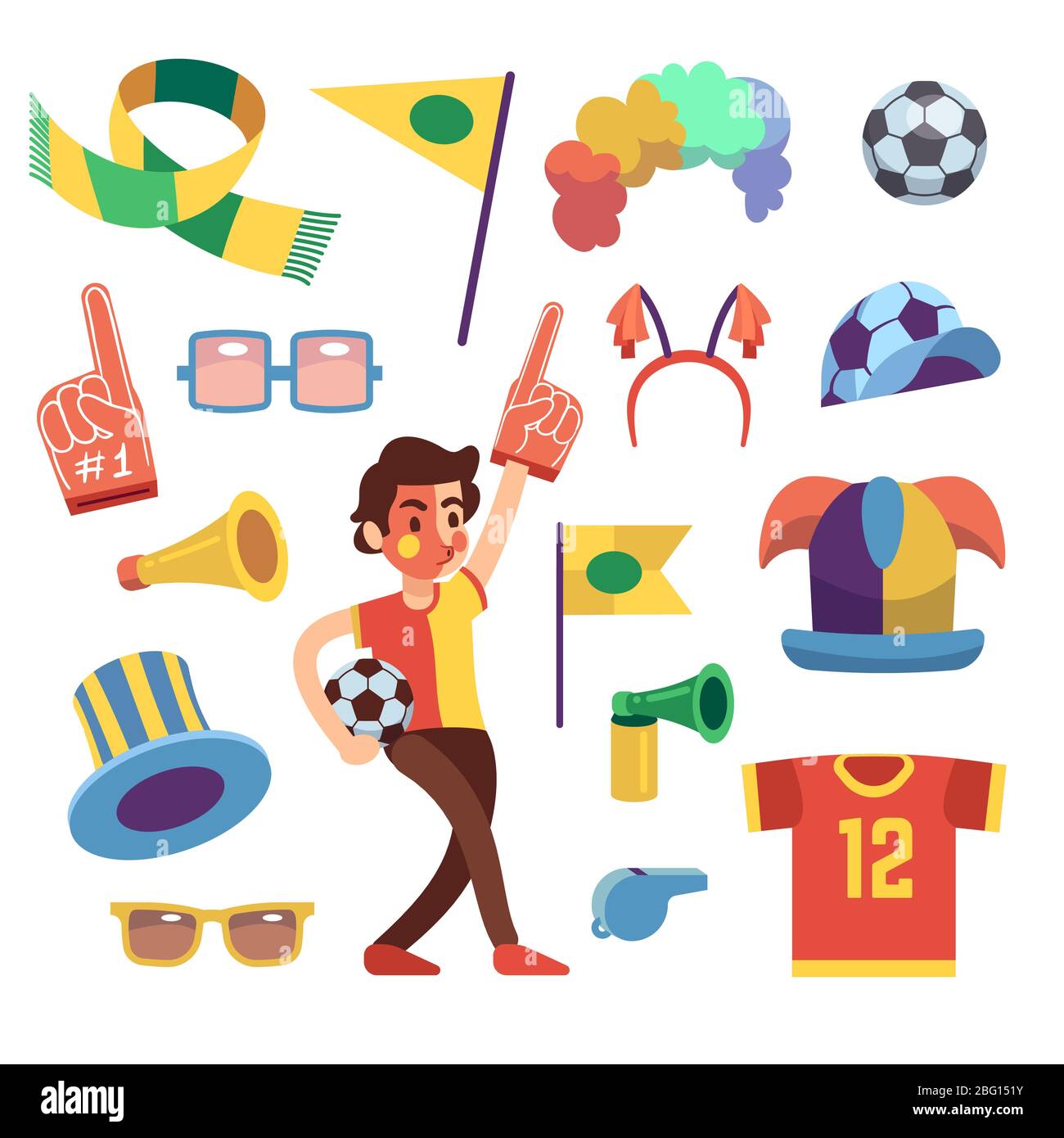 Soccer sports funs with tools to cheer team win. Cartoon vector set ...
