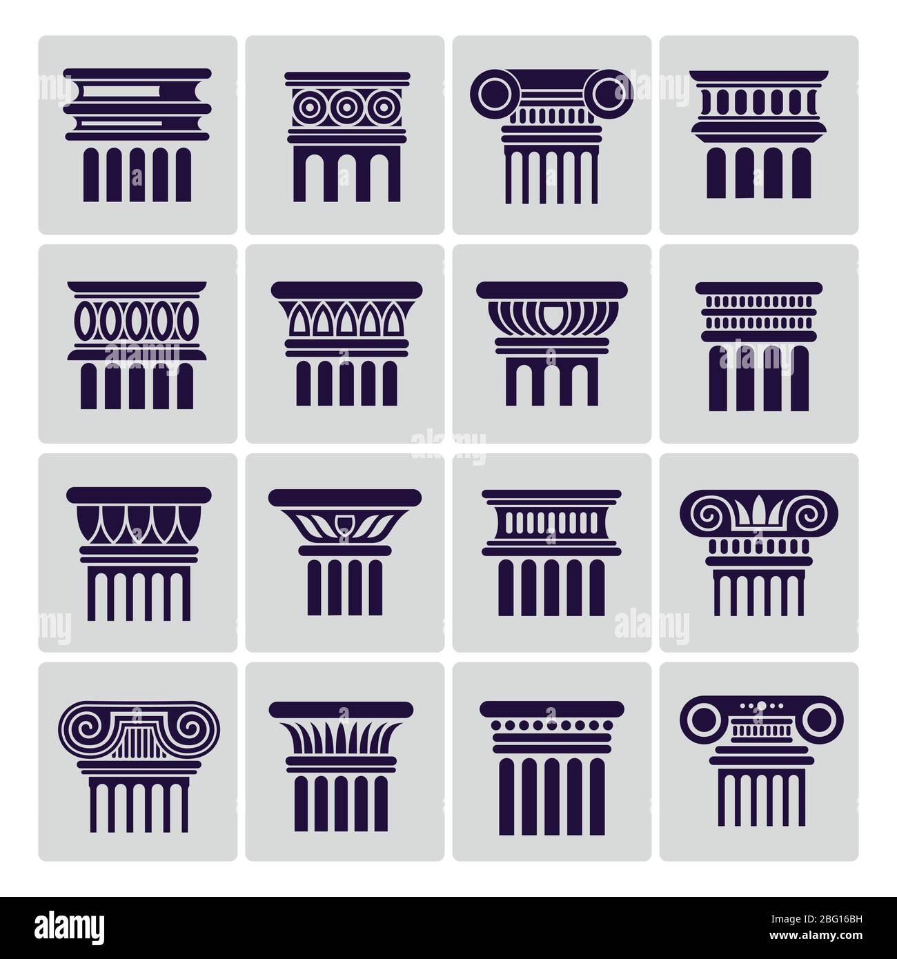 Silhouette ancient rome architecture column icons. Vector architectural column and architecture ...