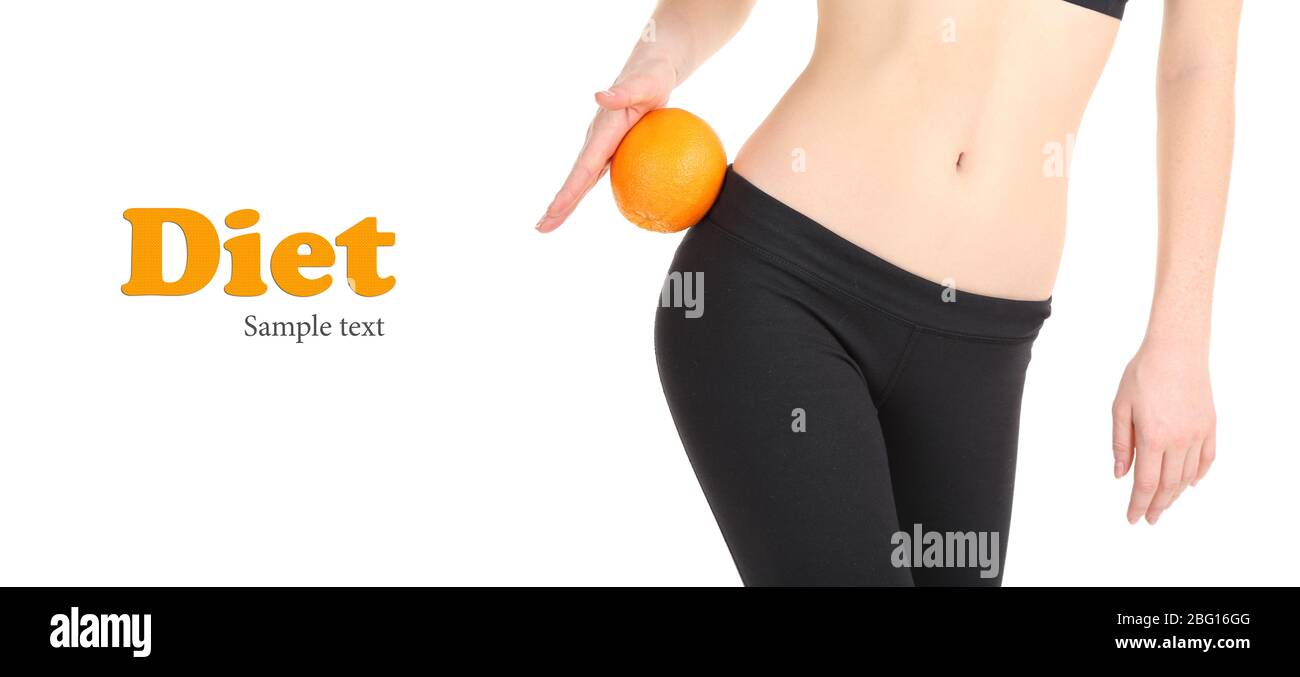Beautiful female figure with orange isolated on white Stock Photo - Alamy