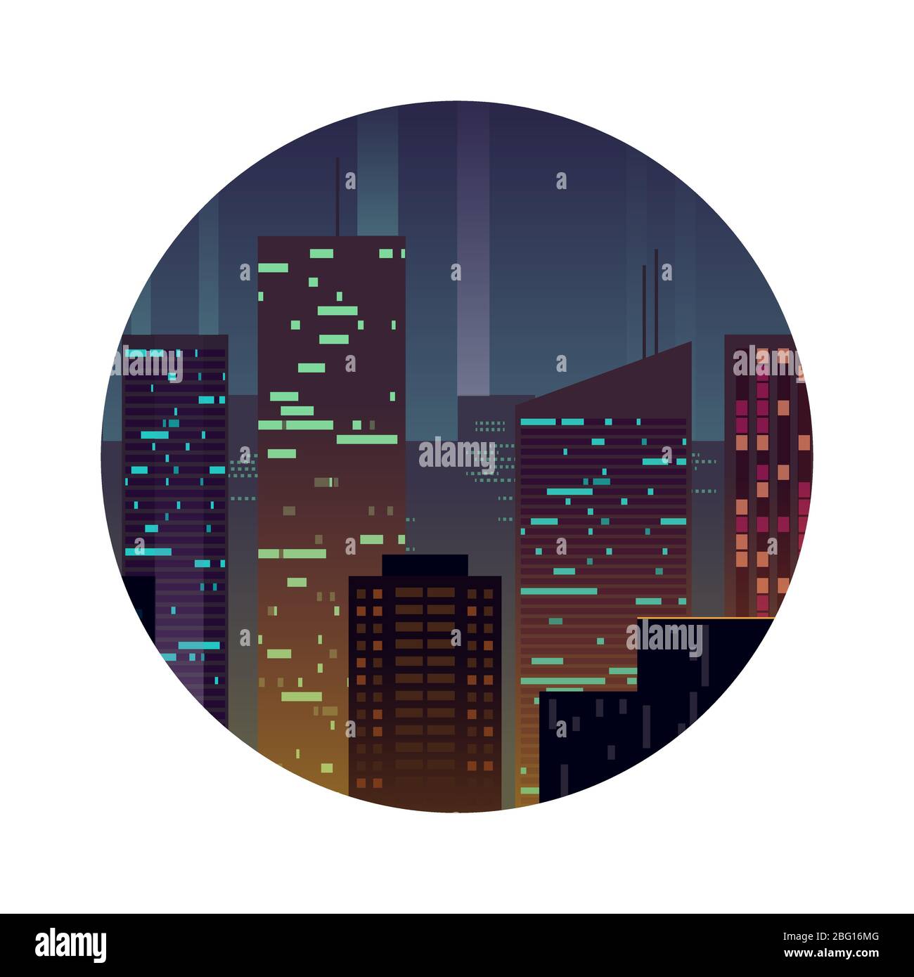 Night city with shining buildings round concept. Vector flat ...