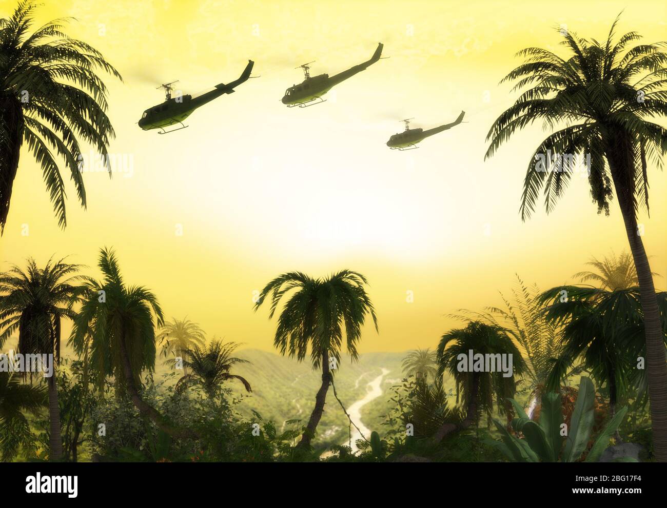 American Huey military helicopter formation flying over the jungle at ...