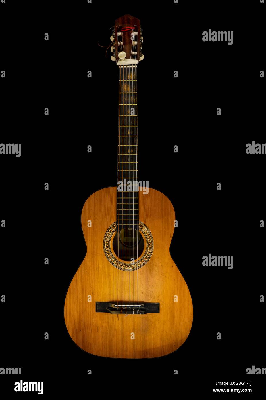 Guitar image from front perspective on black background Stock Photo - Alamy