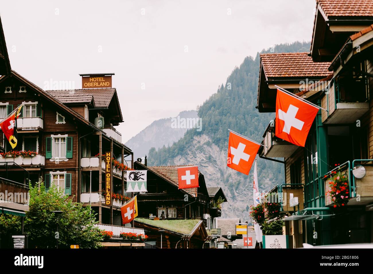 swiss mountain village street in Switzerland. Lauterbrunnen. Swiss ...