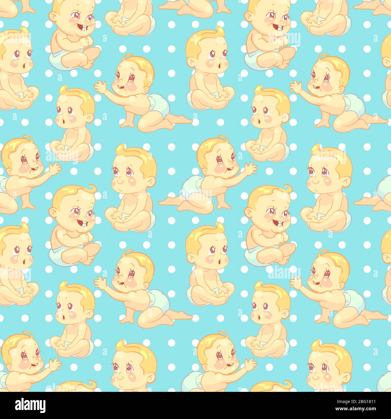 Cute cartoon baby seamless pattern - emotional baby on polka dots ...