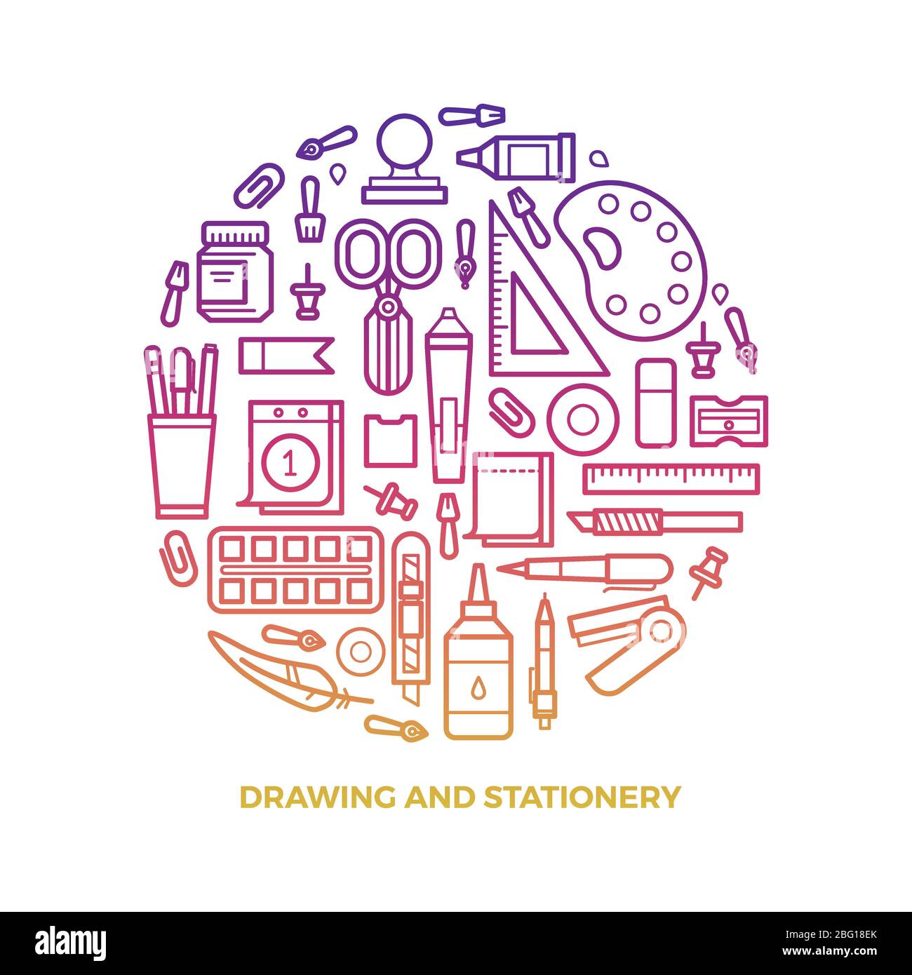 Bright stationery and drawing line icons round concept. Vector ...