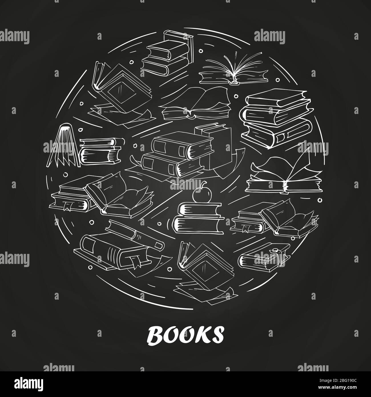 Chalk sketch books on blackboard - library round concept design. Vector ...