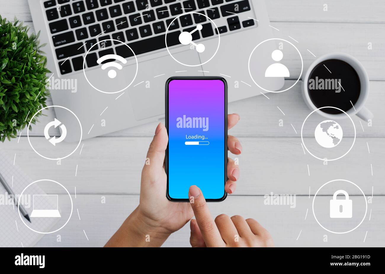 Online Communication Concept. Female worker using phone Stock Photo - Alamy