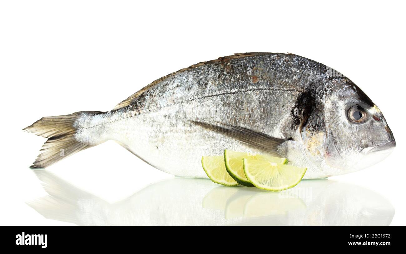 Dorado fish with lemon isolated on white Stock Photo - Alamy