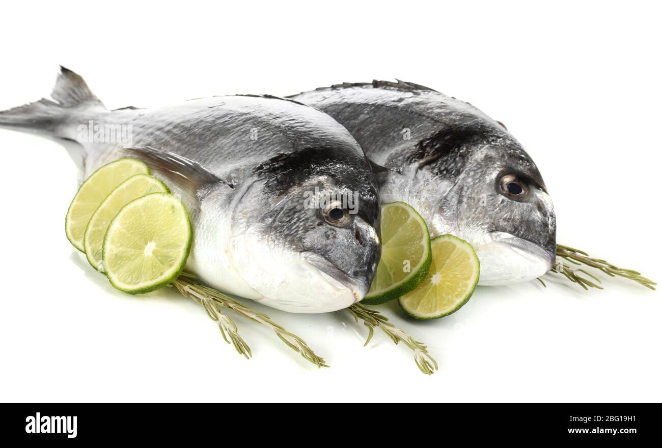 Two fish dorado with lemon isolated on white Stock Photo - Alamy