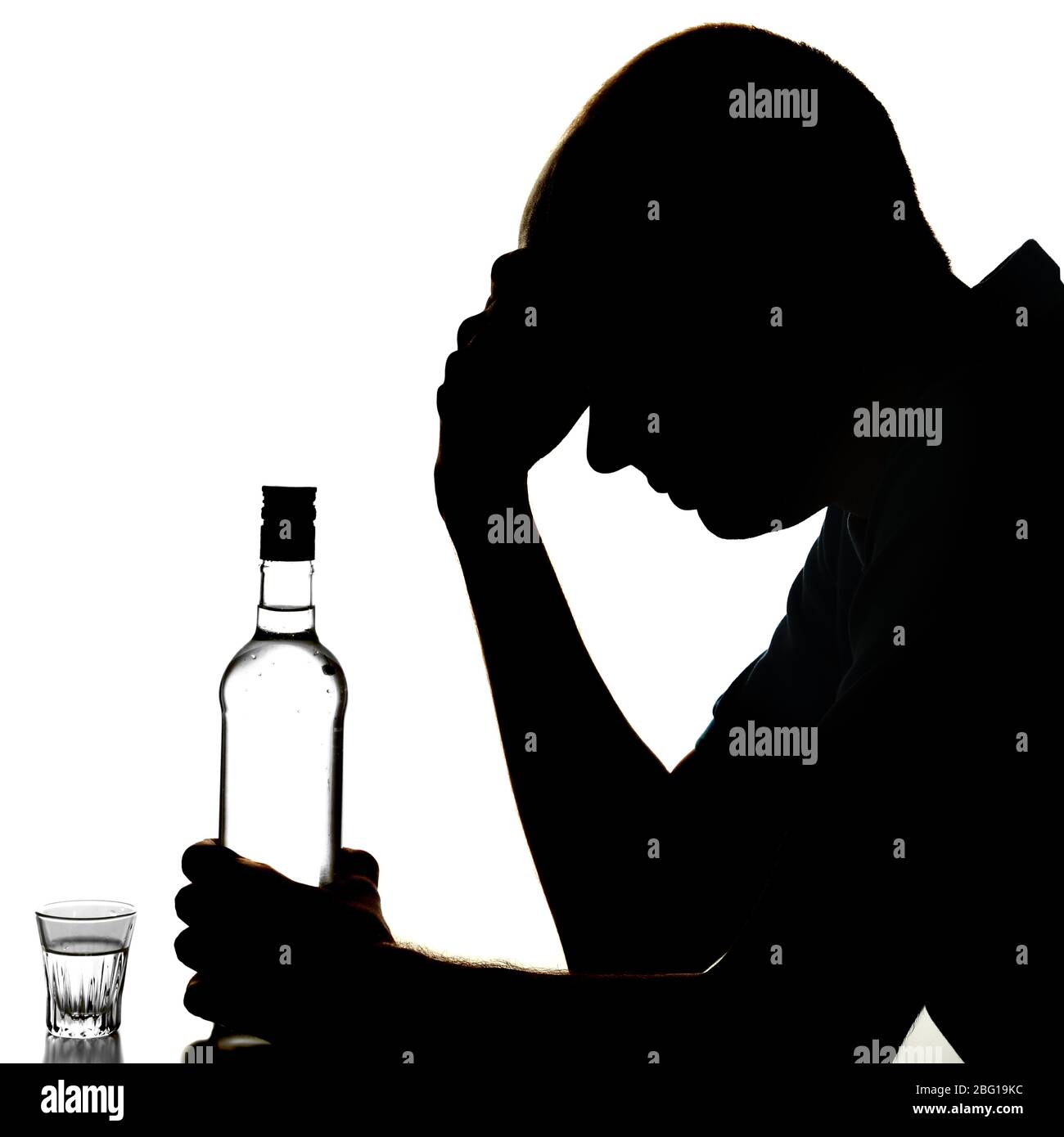Silhouette of man with bottle of alcohol, isolated on white Stock Photo ...