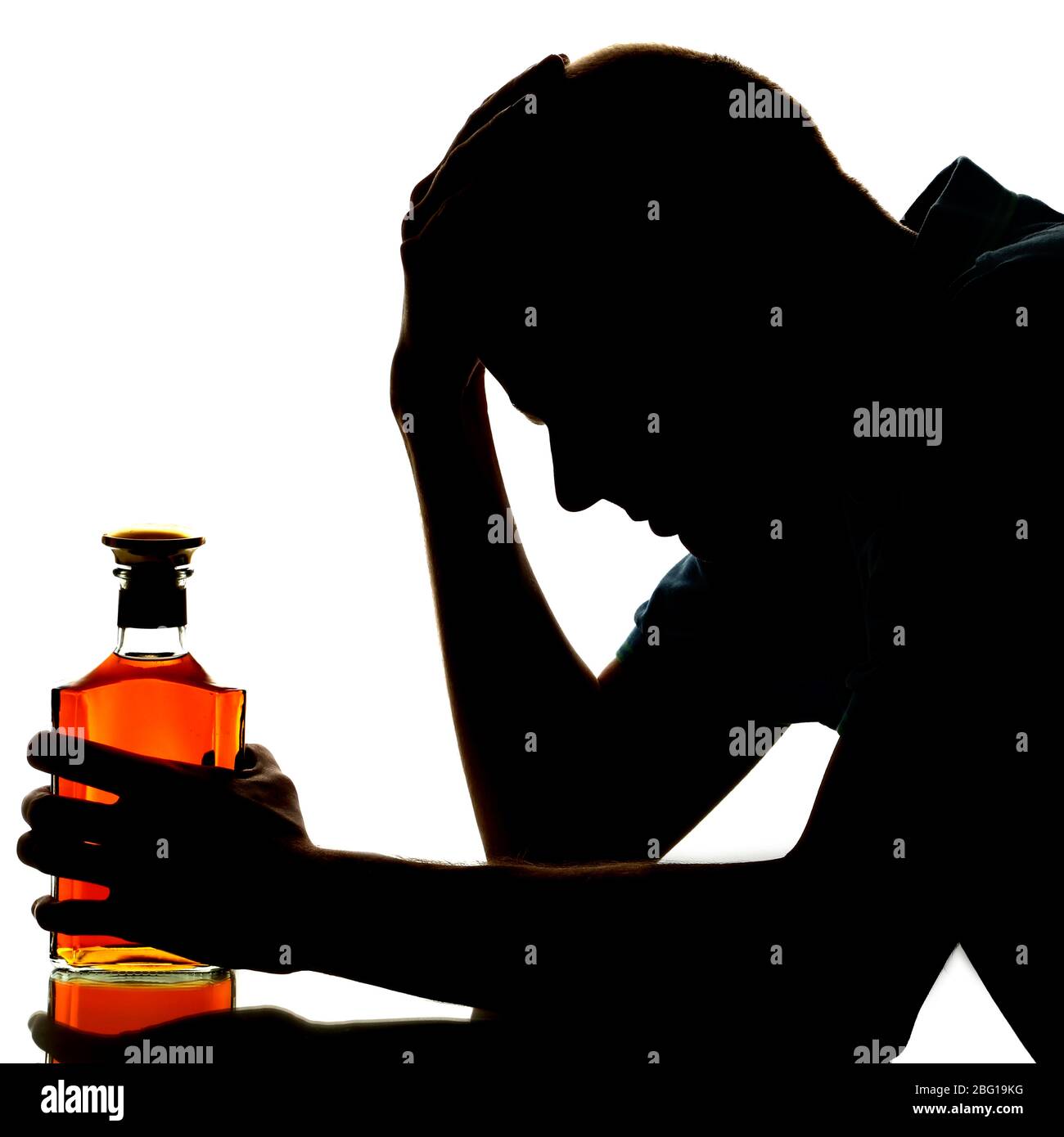 Silhouette of man with bottle of alcohol, isolated on white Stock Photo ...