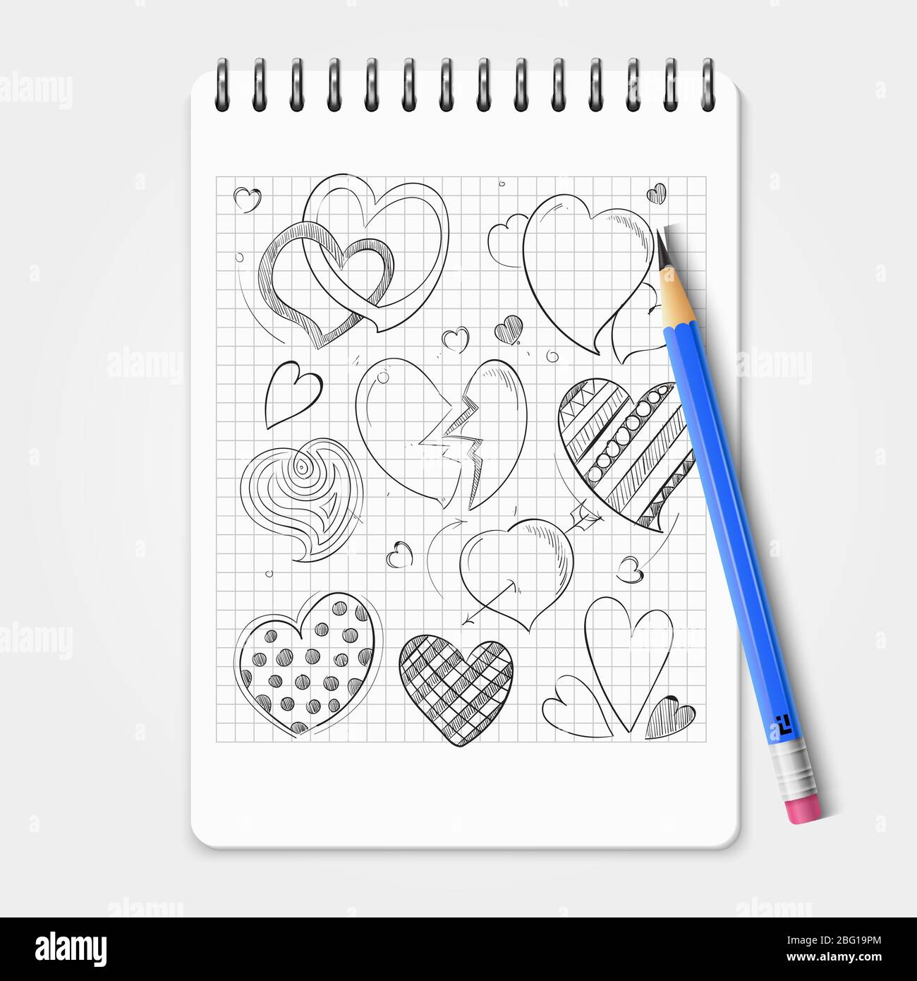 Hand drawn hearts set with realistic pencil and notebook. Vector pencil ...
