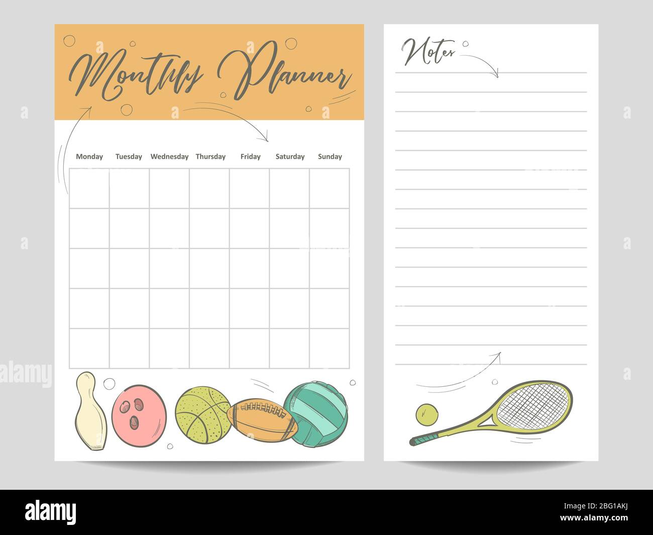 Monthly planner and page for notes template with sketch sport elements ...