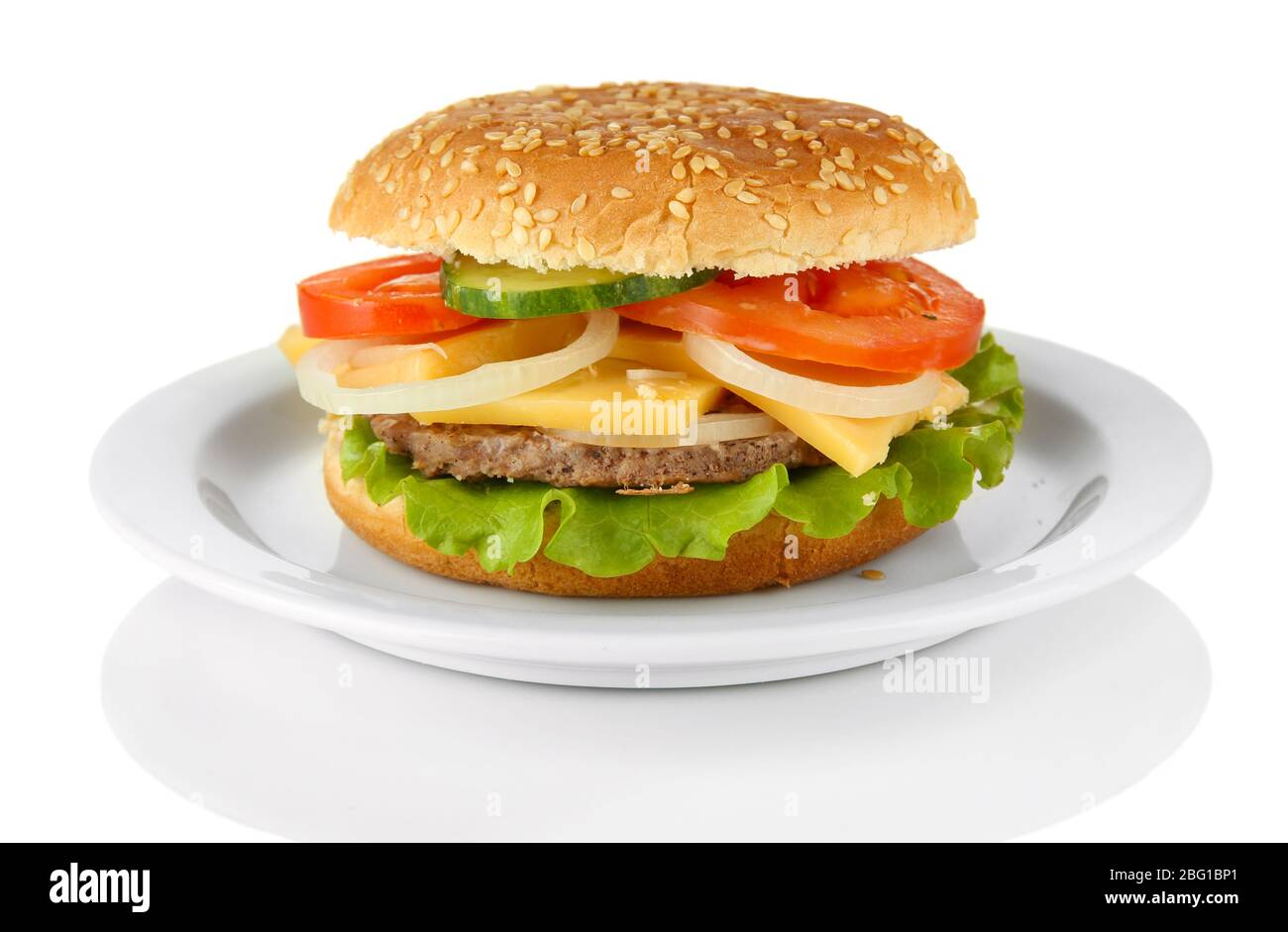 Tasty cheeseburger on plate, isolated on white Stock Photo - Alamy