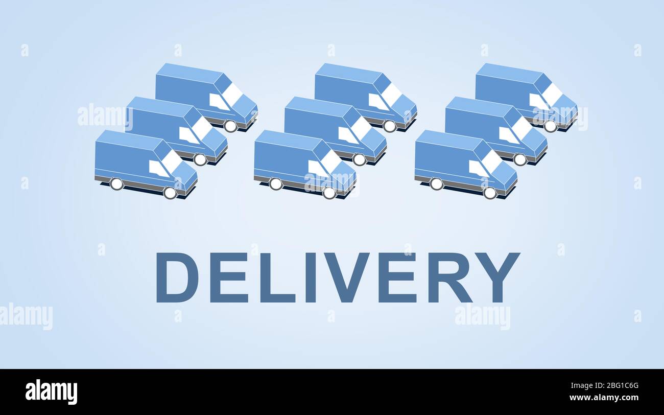 Illustration with trucks standing in rows and word DELIVERY on blue ...
