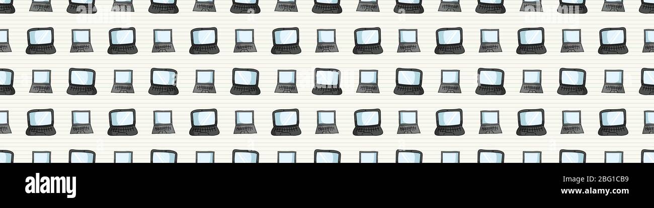 Hand drawn cartoon laptop for working at home seamless border pattern ...
