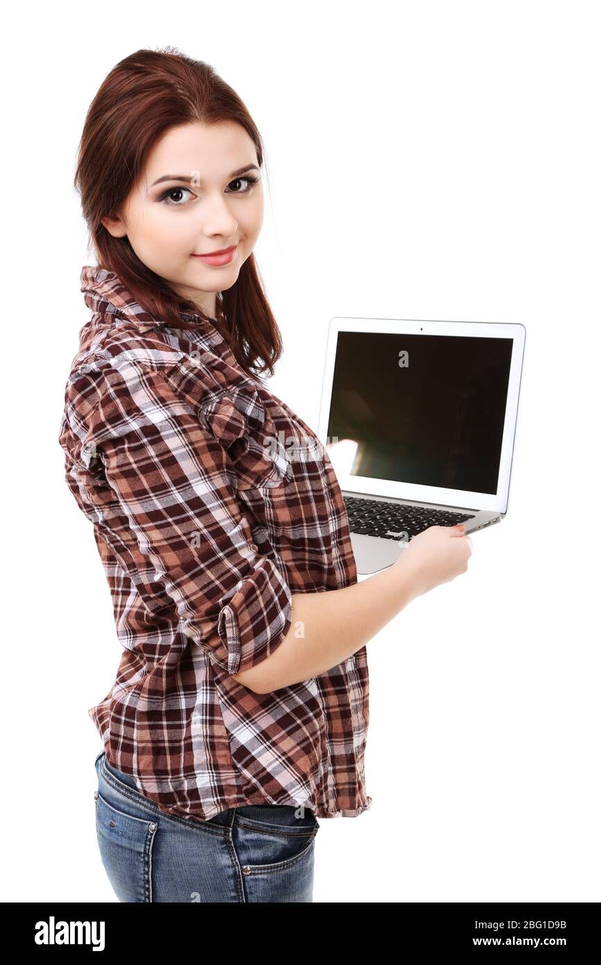Beautiful young woman with laptop isolated on white Stock Photo - Alamy