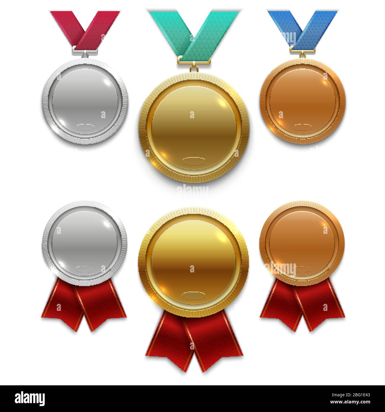 Champion gold, silver and bronze award medals with red and colors ...