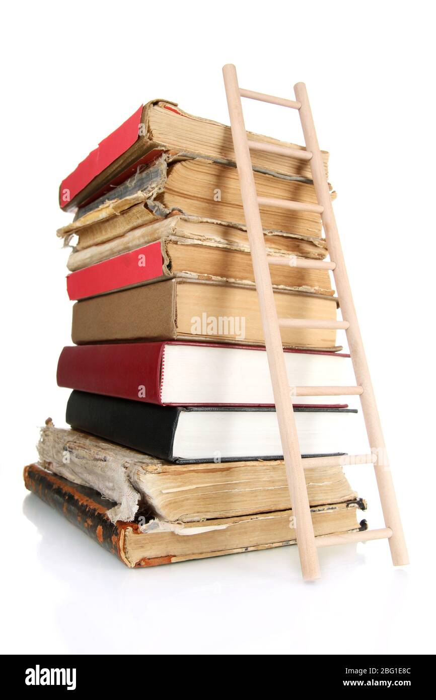 Old books and wooden ladder, isolated on white Stock Photo - Alamy