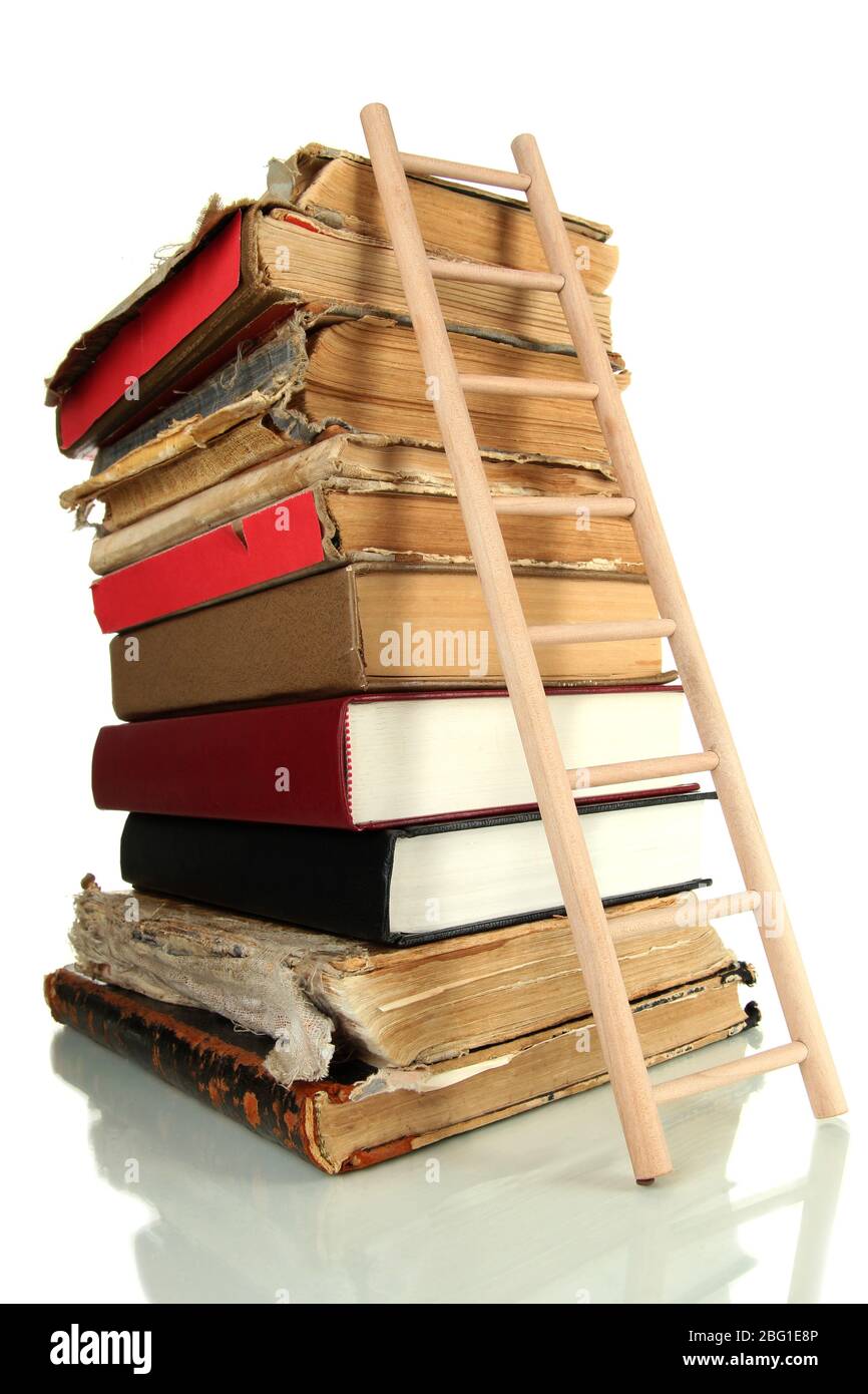 Old books and wooden ladder, isolated on white Stock Photo - Alamy
