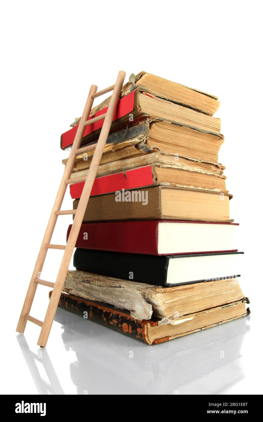 Old books and wooden ladder, isolated on white Stock Photo - Alamy
