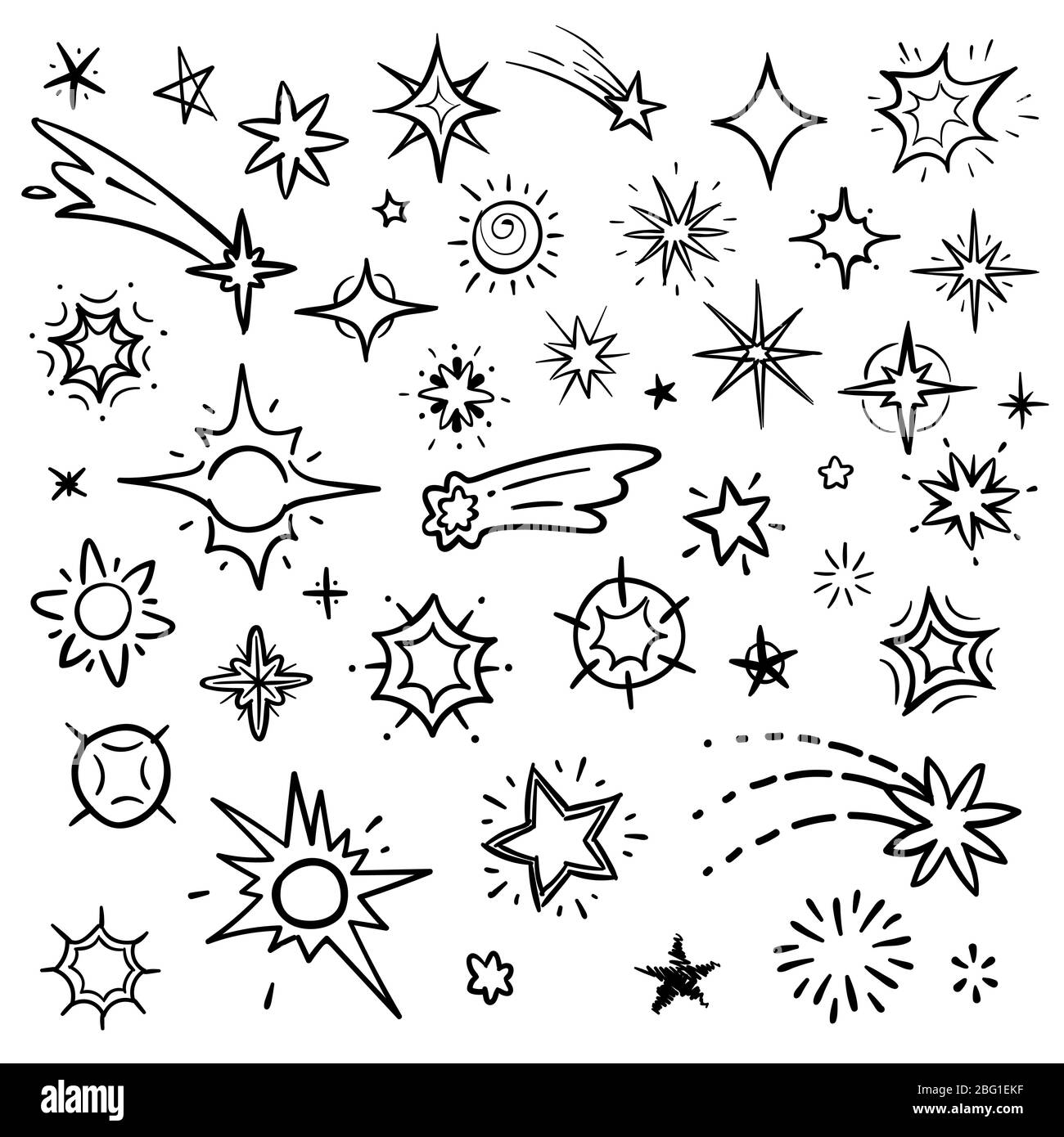 Doodle stars vector set isolated on white. Hand drawn sky with star and comets collection ...