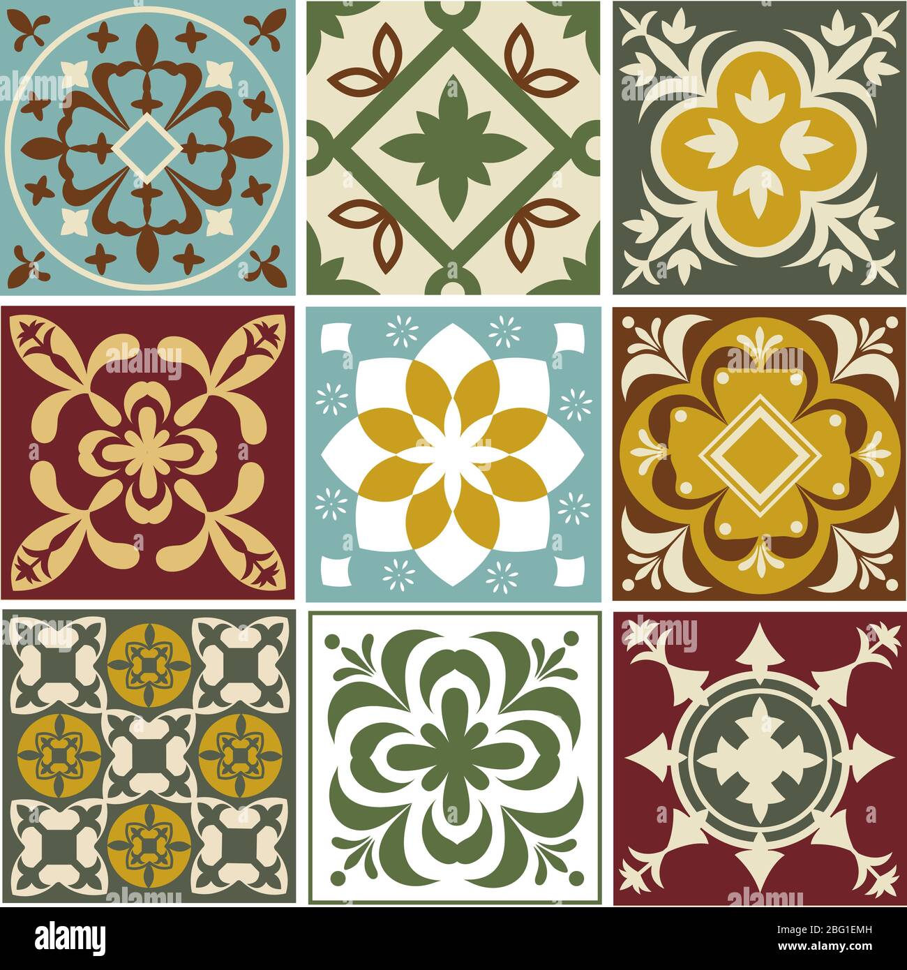 Portuguese tiling vector patterns. Old mediterranean tile prints. Ceramic square arabesque ...