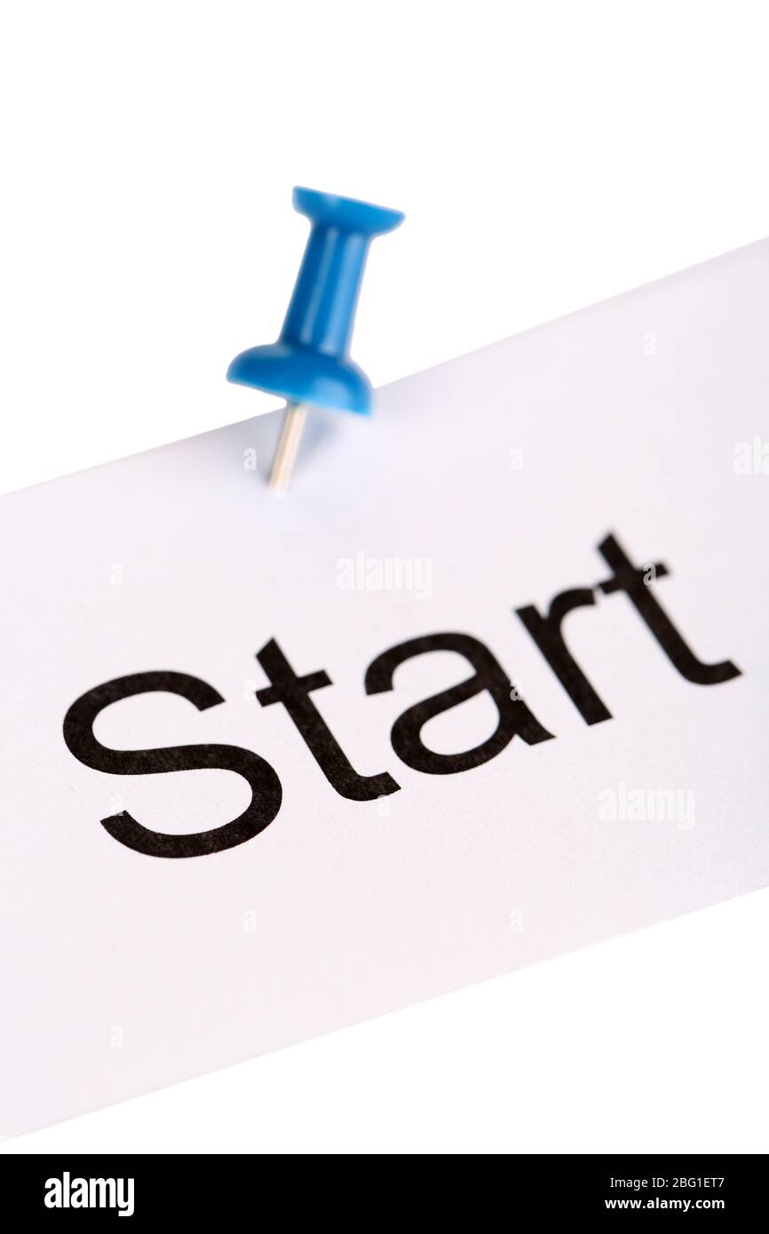 Push pin on paper with word start written on it isolated on white Stock ...